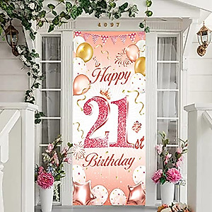 DPKOW Rose Gold 21st Birthday Party Decoration for Woman, Rose Gold 21st Birthday Banner for Backdrop Door Decoration,21st Birthday Background Banner for Garden Wall Decoration, 185 x 90cm Fabric