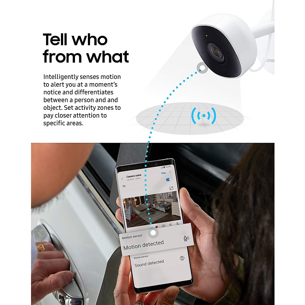 Samsung SmartThings Indoor Security Camera (GP-U999COVLBDA), 1080P HD Video with HDR, Night Vision, Advanced Motion Detection, and Two-Way Audio – Black/White