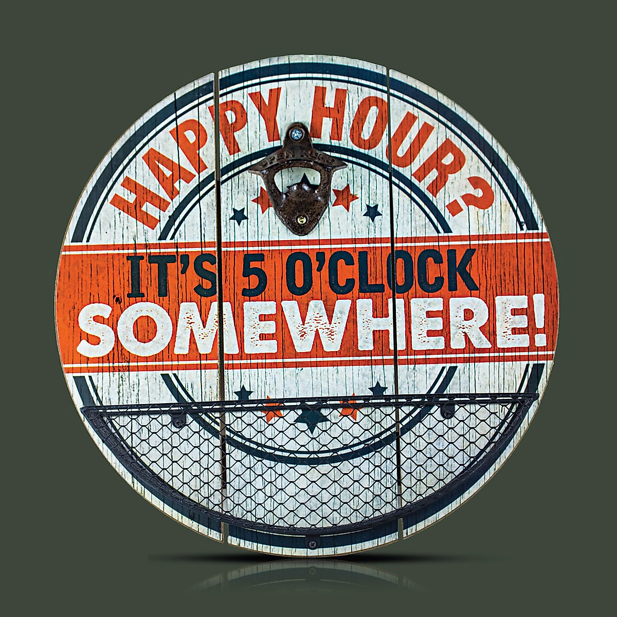 American Art Decor Bottle Opener & Cap Catcher - Wall-Mounted Wooden Beer Cap Collector - Room Decor Accessories for Bar, Man Cave, Garage, Game Room & More (Happy Hour)