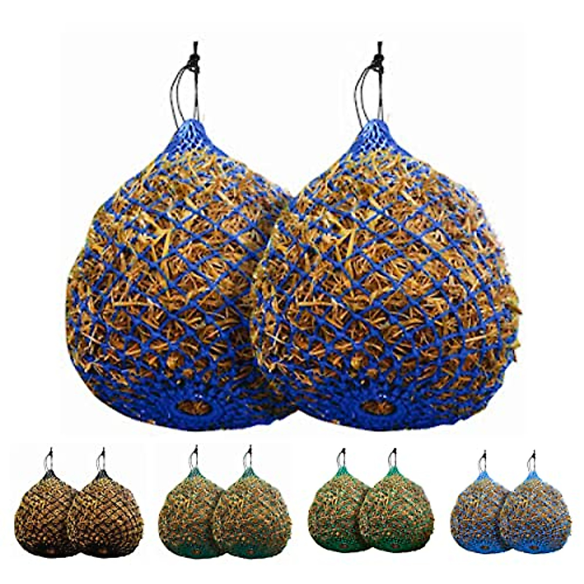 Majestic Ally 2 Pcs 1.25”x1.25” Holes Ultra Slow Feed 36” Very Sturdy Hay Net with Bottom Ring for Horses, Goat, Travel Feeder for Trailer and Stall, Reduces Waste (Royal Blue)