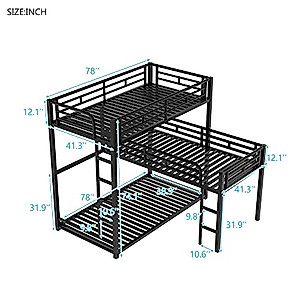 BIADNBZ L-Shaped Metal Triple Twin Size Bunk Bed with Integrated Ladder and Full-Length Guardrails for Kids/Bedroom,Black
