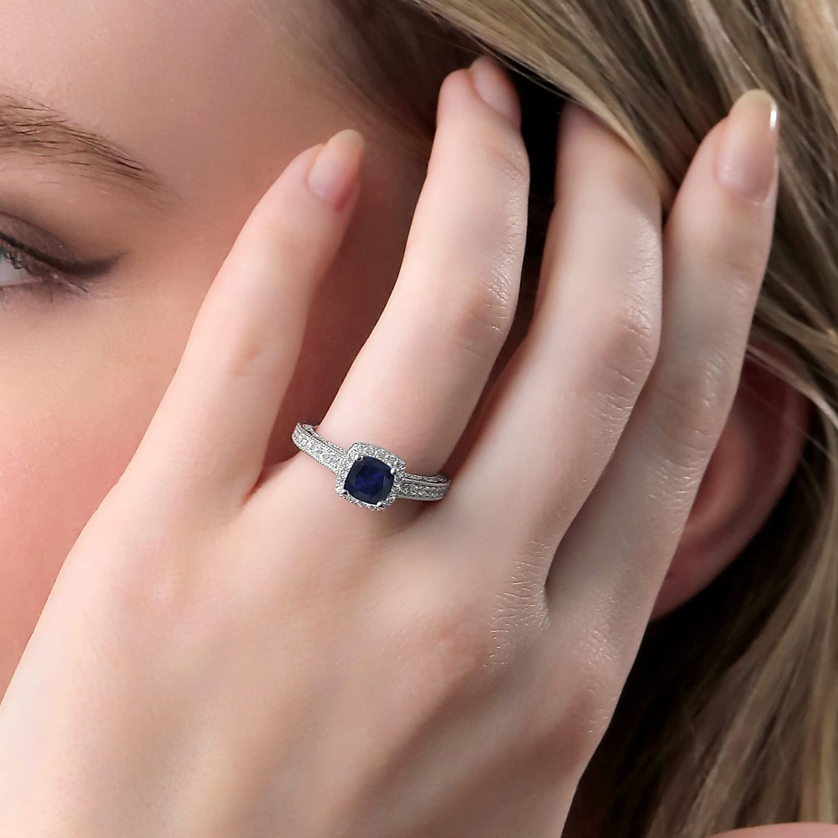 Gem Stone King 925 Sterling Silver 6MM Cushion Gemstone Birthstone and Accent White Created Sapphire Engagement Ring | Wedding Anniversary Promise Ring For Women | Available In Size 5, 6, 7, 8, 9