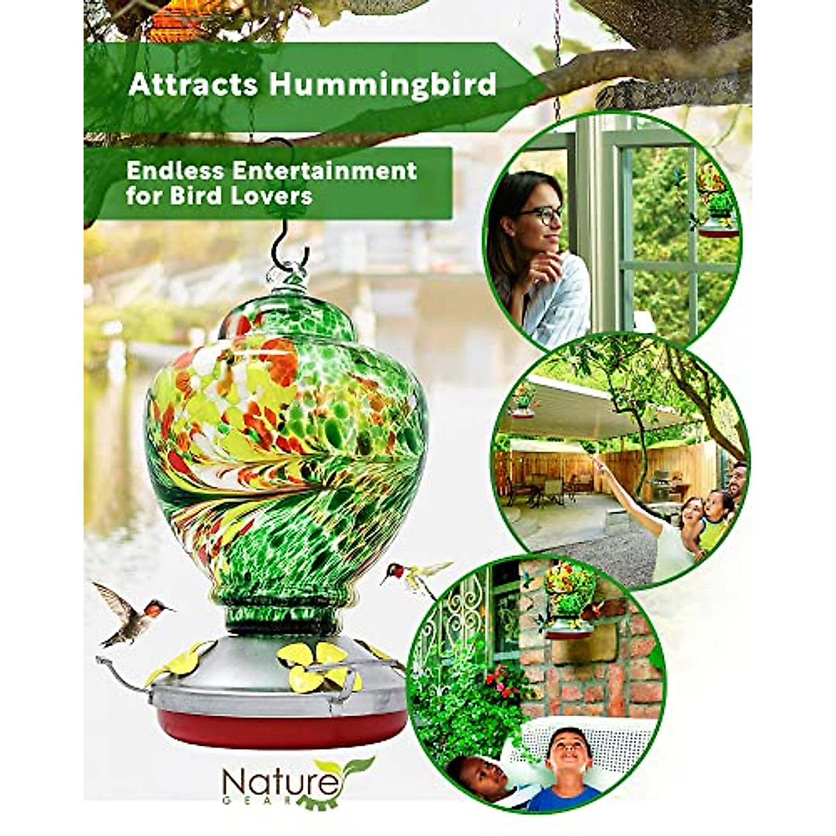 Hummingbird Feeder for Hanging Outside - Stunning Hand Paint Blown Glass - All Weather Guard and Ant and Bee Proof - New Modern Perky Sealer for No Leak Parts - Free Extra Accessories (Emerald Green)