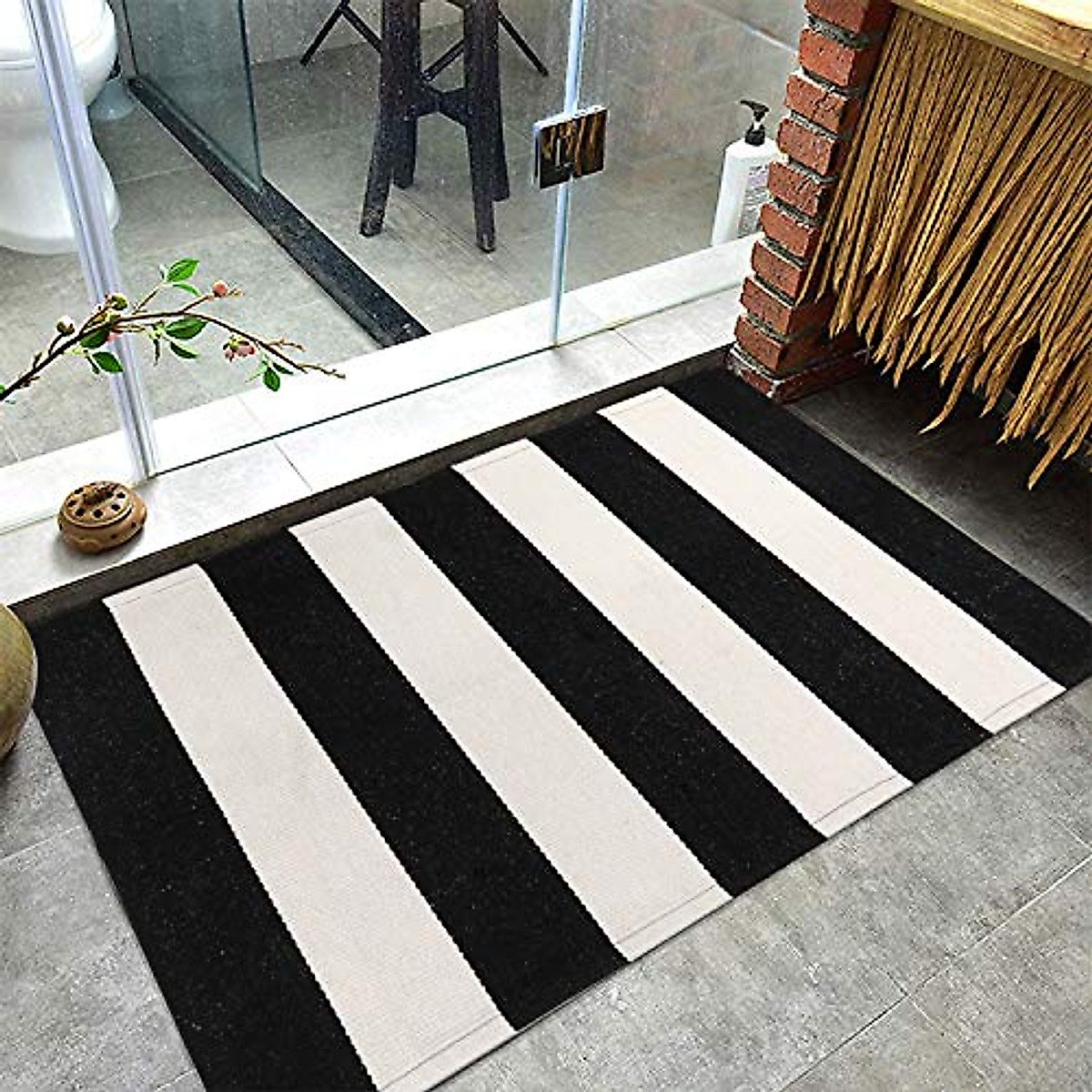 LEEVAN Black and White Rug 2X3, Washable Black Door Mat Cotton Woven Front Porch Rug, Layered Door Mats Outdoor Welcome Indoor Door Mat, Farmhouse Go Away Door Mat Door Mat Indoor Entrance Rug