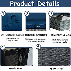 Pierybyt 8-Piece PE Rattan Wicker Outdoor Sectional Sofa Set, Modular Patio Furniture with Thickened Cushions, Hidden Storage & Conversation Patio Set with Glass Top Coffee Table (Gray-Blue)