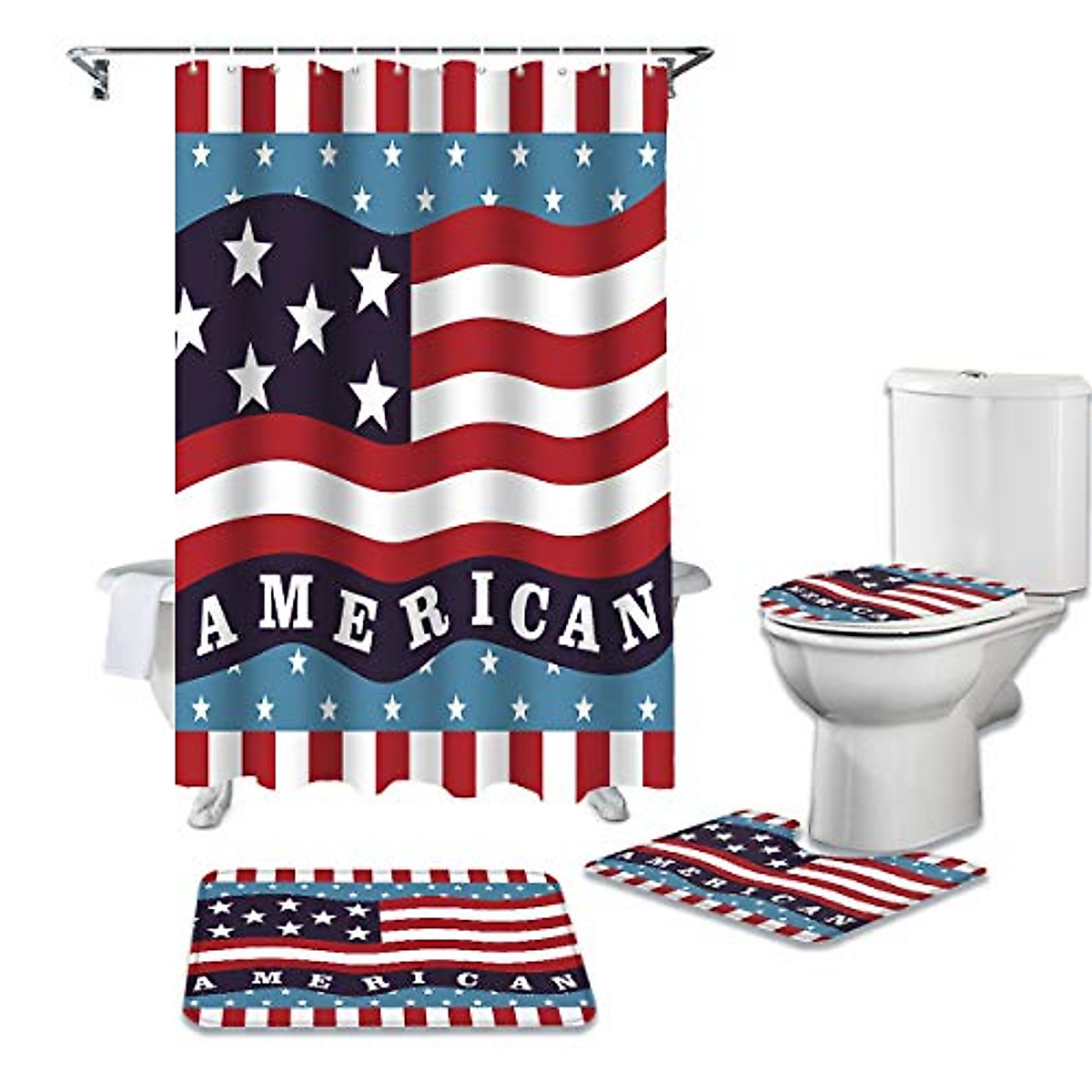 4PCS Bathroom Set Independence Day 4th of July Shower Curtain Sets with Non-Slip Rugs Toilet Lid Cover and Bath Mat Embroidery American Flag Stars and Stripes Simple Bath Curtains with 12 Hooks