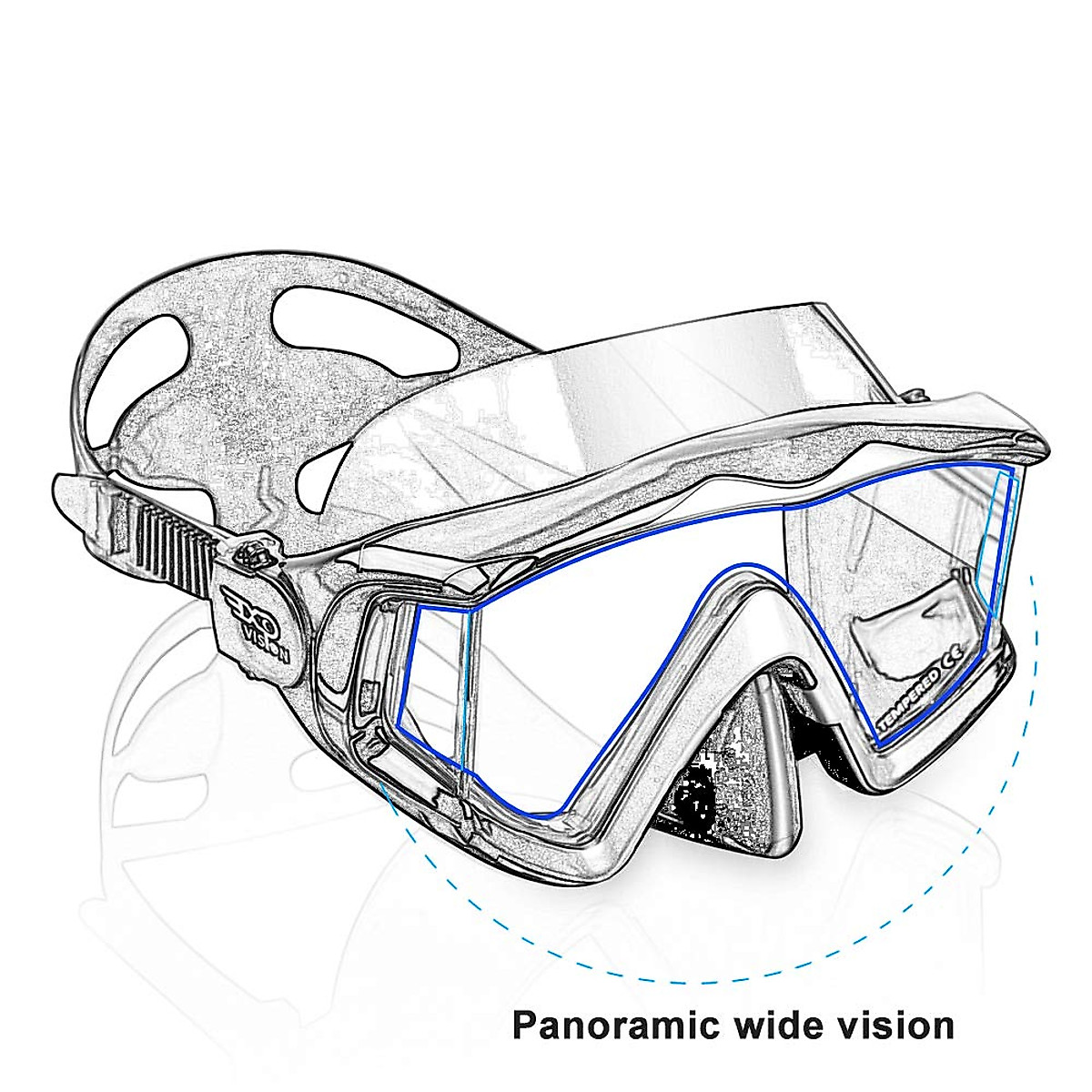 Adult Pano 3 Window Scuba Diving Mask, Tempered Glass Snorkel Mask Anti-Fog Swim Mask No Leakage Swim Goggles with Nose Cover Snorkeling Gear for Snorkeling, Freediving, Swimming (Black)