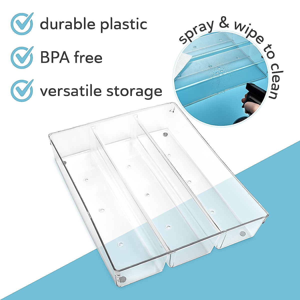 LIVORINI Kitchen Utensils Organizer | Utensil Tray Holder | Large Non-Slip Cutlery Drawer Organizer, 3 Compartment Multi-Purpose Home Organization, Clear Acrylic