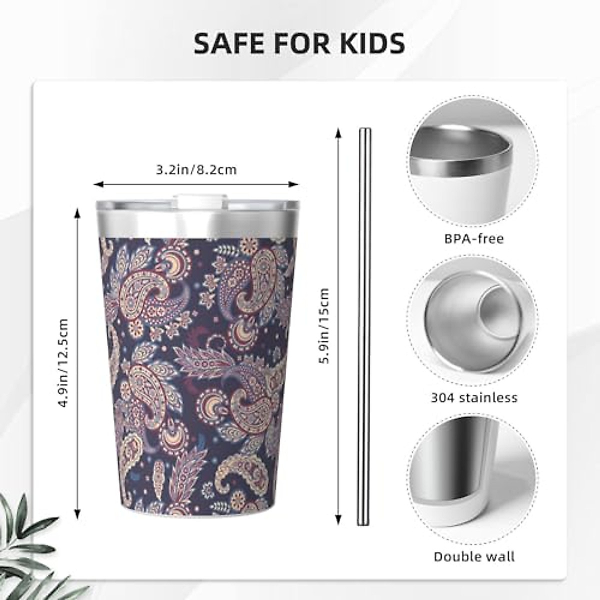 Paisley Floral Ethnic Pattern 12oz Tumbler - Travel Coffee Mug with Splash Proof Sliding Lid - Double Wall Stainless Steel Vacuum Insulated Coffee Mug for Home and Office - Keep Beverages Hot or Cold