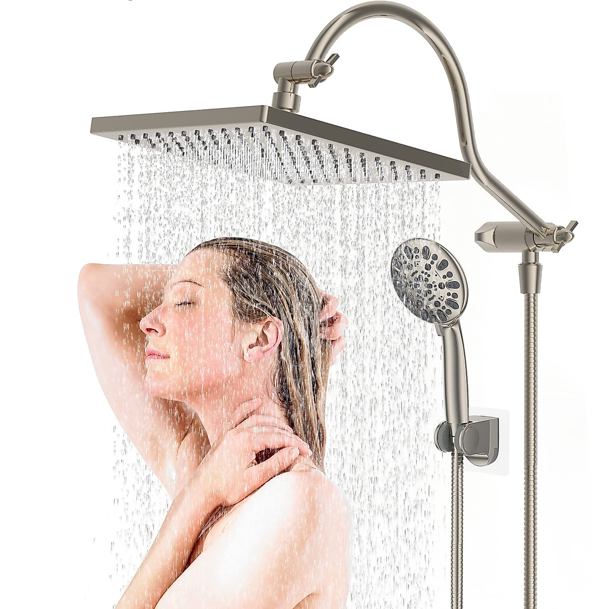 Hibbent 10" Thickness Metal Rainfall Shower Head/Handheld Showerhead Combo with 12'' Adjustable Curved Shower Extension Arm, 7-Spray, 71'' Hose, Adhesive Showerhead Holder, Brushed Nickel