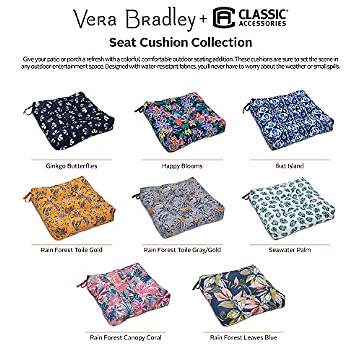 Classic Accessories for Vera Bradley Water-Resistant Patio Chair Cushions, 19 x 19 x 5 Inch, 2 Pack, Rain Forest Canopy Coral