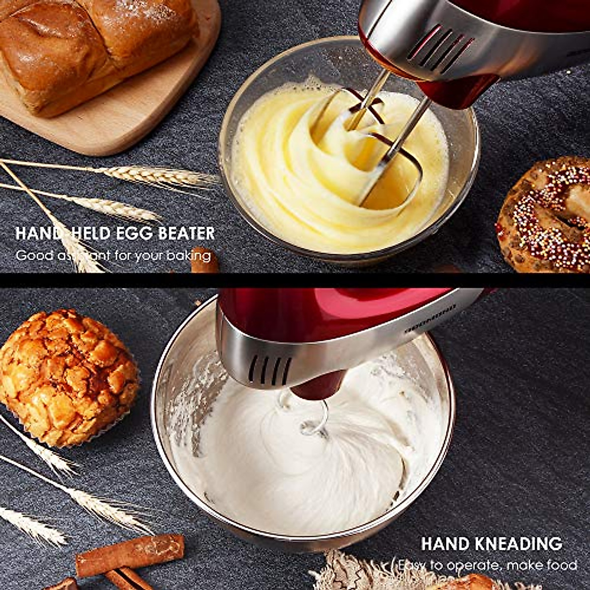 REDMOND Hand Mixer Electric, 5-Speed 300W Power Handheld Kitchen Mixer with Turbo Mode, Kitchen Mixer with Attachment(2 Beaters, 2 Dough Hooks),Cake Mixer, Hand Mixer for Baking, Red