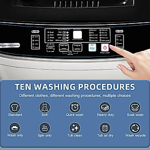 Full Automatic Washing Machine with LED Display, 10 Programs & 8 Water Levels Selections, 15.6Lbs for Home, RV, Camping, Apartment, Dorm - Grey