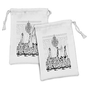 Ambesonne Fashion Fabric Pouch Set of 2, Show Catwalk Mannequins Audience Supermodel Human Crowd Illustration, Small Drawstring Bag for Toiletries Masks and Favors, 9" x 6", White Black