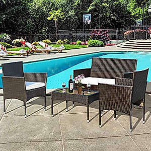 Tangkula 4 PCS Patio Outdoor Conversation Set with Glass Coffee Table, Loveseat & 2 Cushioned Chairs, Garden Lawn Rattan Wicker Patio Chat Set, Outdoor Furniture Set (Brown)