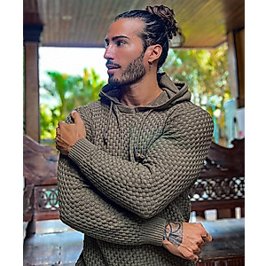 Zaitun Mens Hooded Sweatshirt Long Sleeve Solid Knitted Hoodie Pullover Sweater Army Green