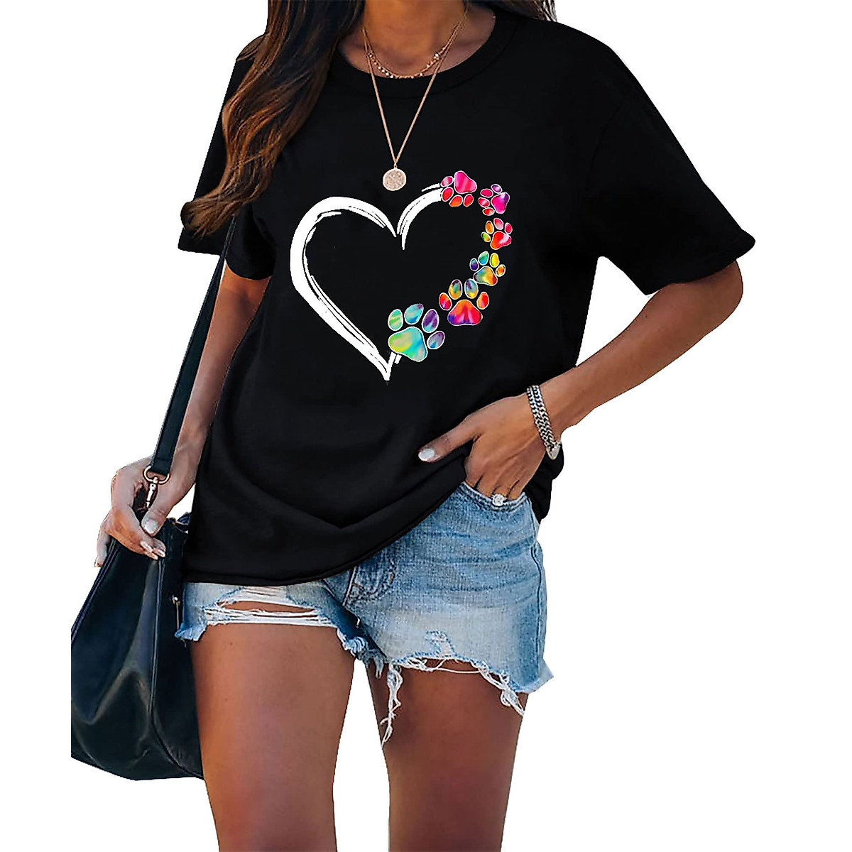 Sunidol Womens Dog Mom Shirts Cute Dog Paw Print Mother's Day Multicolor Heart Graphic Short Sleeve Crewneck Casual Pullover Tops Black XXL