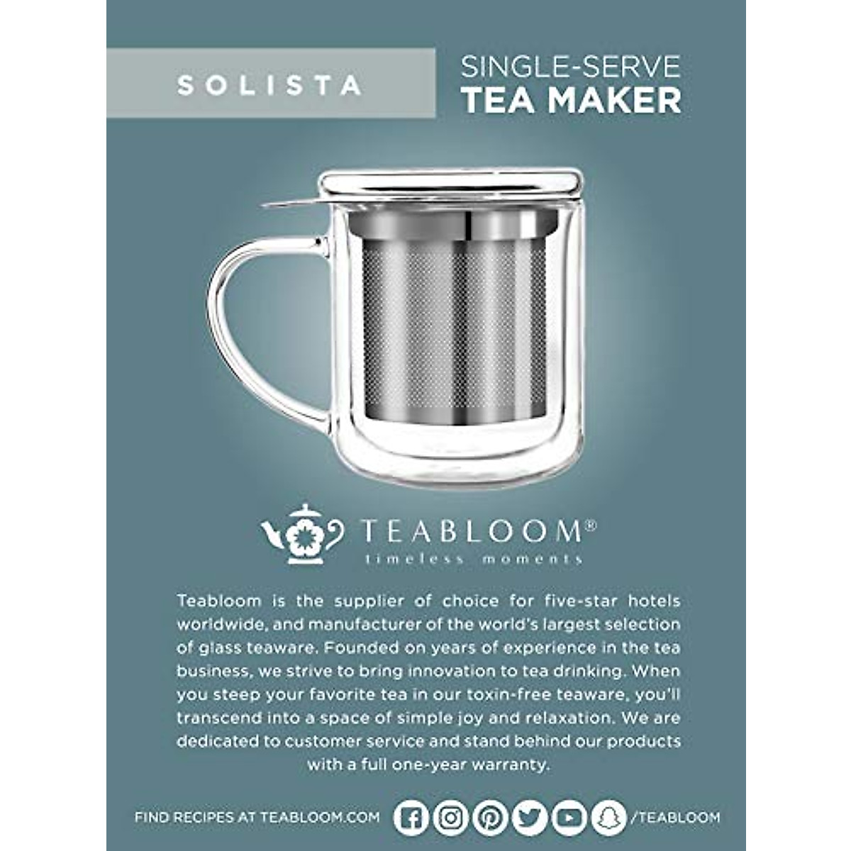 Teabloom Single-Serve Tea Maker - Double Wall Glass Cup with Infuser Basket and Lid for Steeping, Solista Brewing Mug (8 OZ)