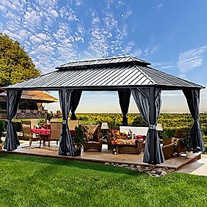 YITAHOME 12x20ft Hardtop Gazebo with Nettings and Curtains, Heavy Duty Double Roof Galvanized Steel Outdoor Combined of Vertical Stripes Roof for Patio, Backyard, Deck, Lawns, Gray