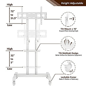 Mobile TV Stand Rolling TV Cart Floor Stand with Mount on Lockable Wheels Height Adjustable Shelf for 32-80 Inch TV Stand Flat Screen or Curved TVs Monitors Display Trolley Loading 110 lbs, White