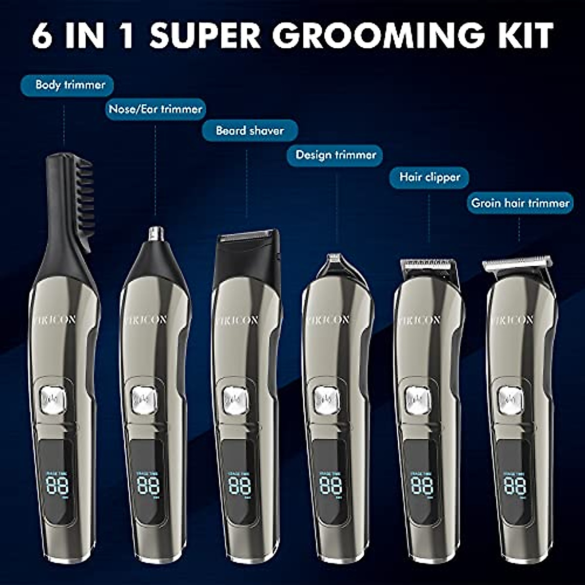 VIKICON Beard Trimmer for Men, All in 1 Mens Grooming Kit with Travel Case, IPX7 Waterproof Electric Razor Shavers, Hair Trimmer for Nose Mustache Face Body, Cordless Clippers, Gifts for Men, FK-8688T
