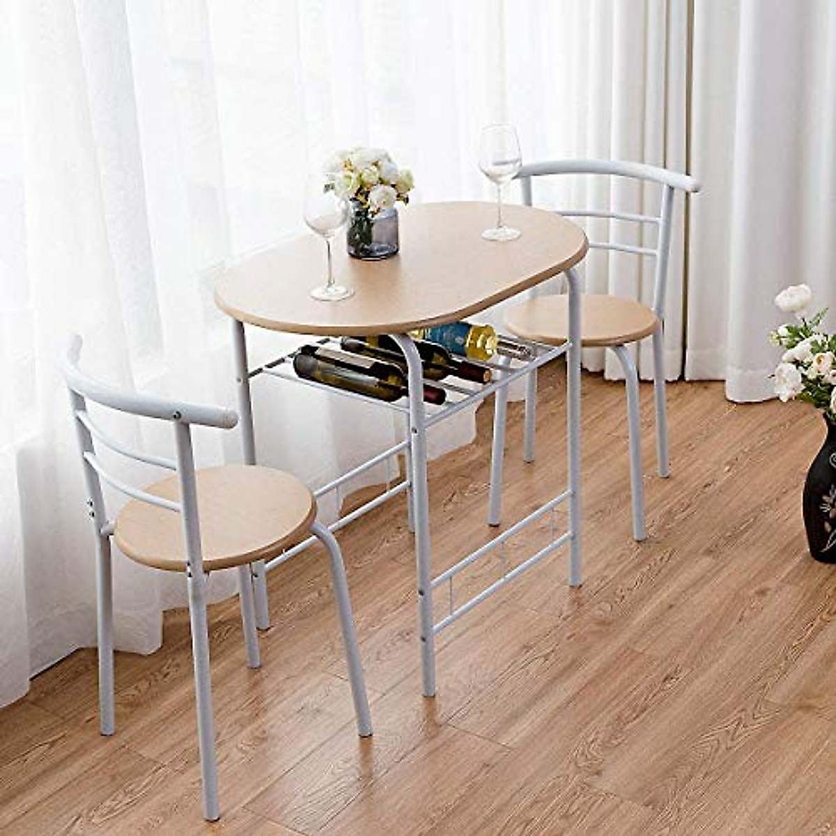 FANTASK 3 Pieces Dining Set, Breakfast Table Set w/Metal Frame and Storage Shelf, Compact Table and 2 Chairs Set for Home Bistro Pub Apartment Kitchen Dining Room Cafe