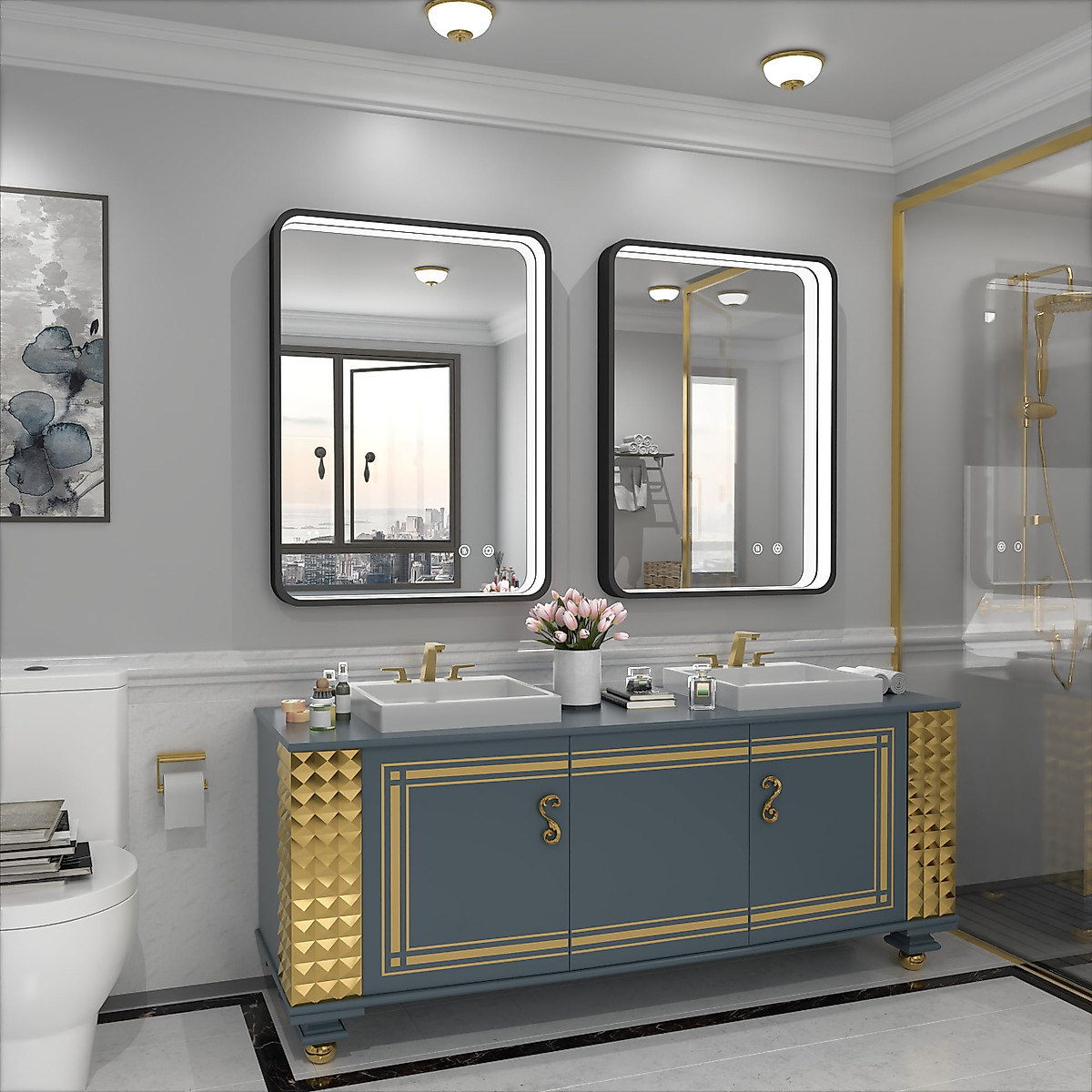 JSneijder 24x32 Inch Black LED Bathroom Mirror, Black Framed Vanity Mirror with Lights, Anti-Fog Bathroom Mirror, Wall Mounted Dimmable Lighted Bathroom Mirror(Horizontal/Vertical)