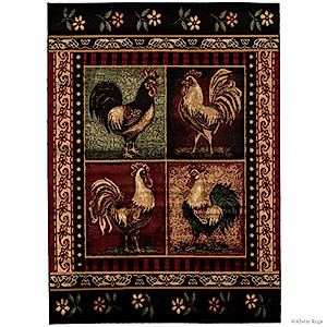 Allstar 8x11 Red and Black Cabin Rectangular Accent Rug with Ivory and Green Wildlife Rooster Design (7' 6" x 10' 5")