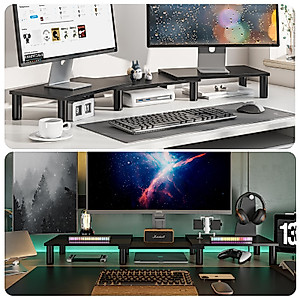 AX Waber Dual Monitor Riser, Adjustable Height Steel Leg Wooden Stand with Storage Space - Black