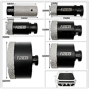 FACHLICH Diamond Hole Saw Kit Tile Hole Saw Kit 25/35/51/65/102mm/25F Diamond Core Drill Bits Set for Porcelain Tile Granite Marble Masonry Brick