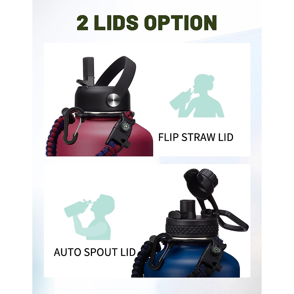 DIGJUPER 64OZ Vacuum Insulated Water Bottle - Keep Hot Cold Vacuum Flasks with Straw & Spout Lids, Paracord Handle, Water Bottler Carrier Holder & Protective Cup Mat, 1.8L Stainless Steel Water Jug