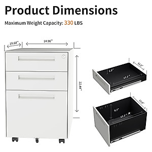 COFaR Cabinet, 3 Drawer Metal File Cabinet with Lock & Wheels, Under Desk Storage for Home Office, Fits Legal/Letter/A4, Vertical Filing (White, 22.5 x 19.7 x 14.9 inches, 40lbs)