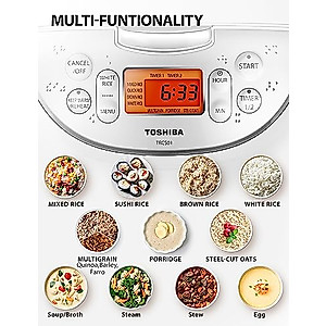 Toshiba Rice Cooker 6 Cup Uncooked – Japanese Rice Cooker with Fuzzy Logic Technology, 7 Cooking Functions, Digital Display, 2 Delay Timers and Auto Keep Warm, Non-Stick Inner Pot, White