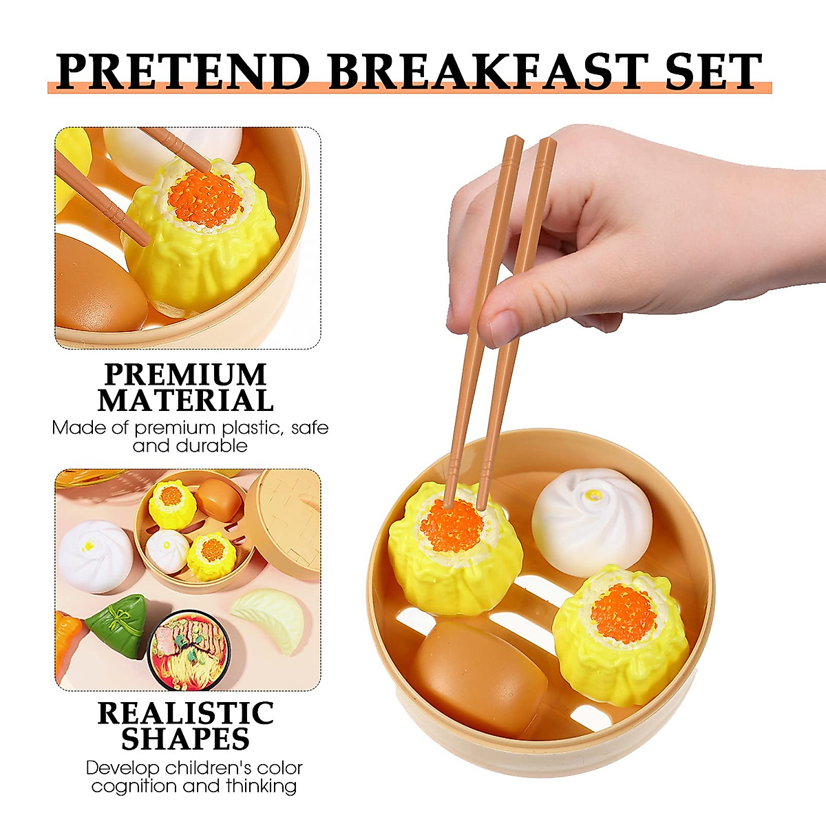 Play Food 26pcs Pretend Play Toy Asia Dim Sum Set Steamer Buns Chinese Breakfast Toy for Kids Food Kitchen Set Cooking Dish Asia Tea Time Birthday Gift, Style Random