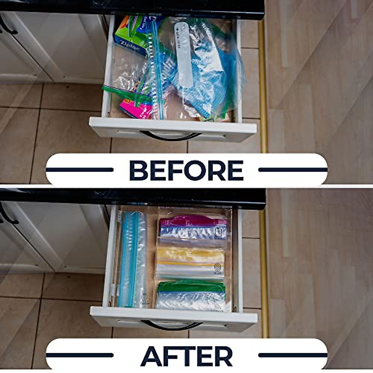 STORESIDE Acrylic Ziplock Bag Organizer - Plastic Bag Organizer - Ziplock Bag Organizer For Drawer - Compatible With All Brands - Mess Free Drawer