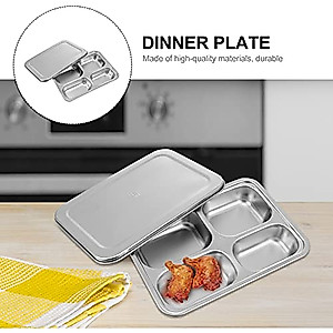 Cabilock Stainless Steel Divided Plate with Lid Rectangular 4 Compartment Serving Tray Platter Dinner Snack Dish for Kids Lunches Portion Control Camping