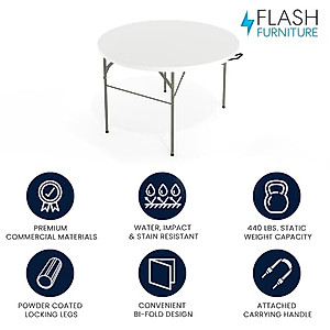 Flash Furniture Freeman 4' Round Plastic Folding Event Table with Carrying Handle, Bi-Fold Portable Banquet Table for Indoor/Outdoor Events, White