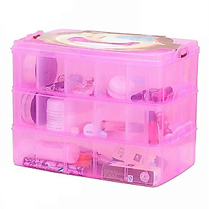 DJUNXYAN 3-Tier 30 Sections Transparent Stackable Adjustable Compartment Slot Plastic Craft Storage Box Organizer for Toy Desktop Jewelry Accessory Drawer Or Kitchen 4 Colors 3 Sizes(Large Pink)
