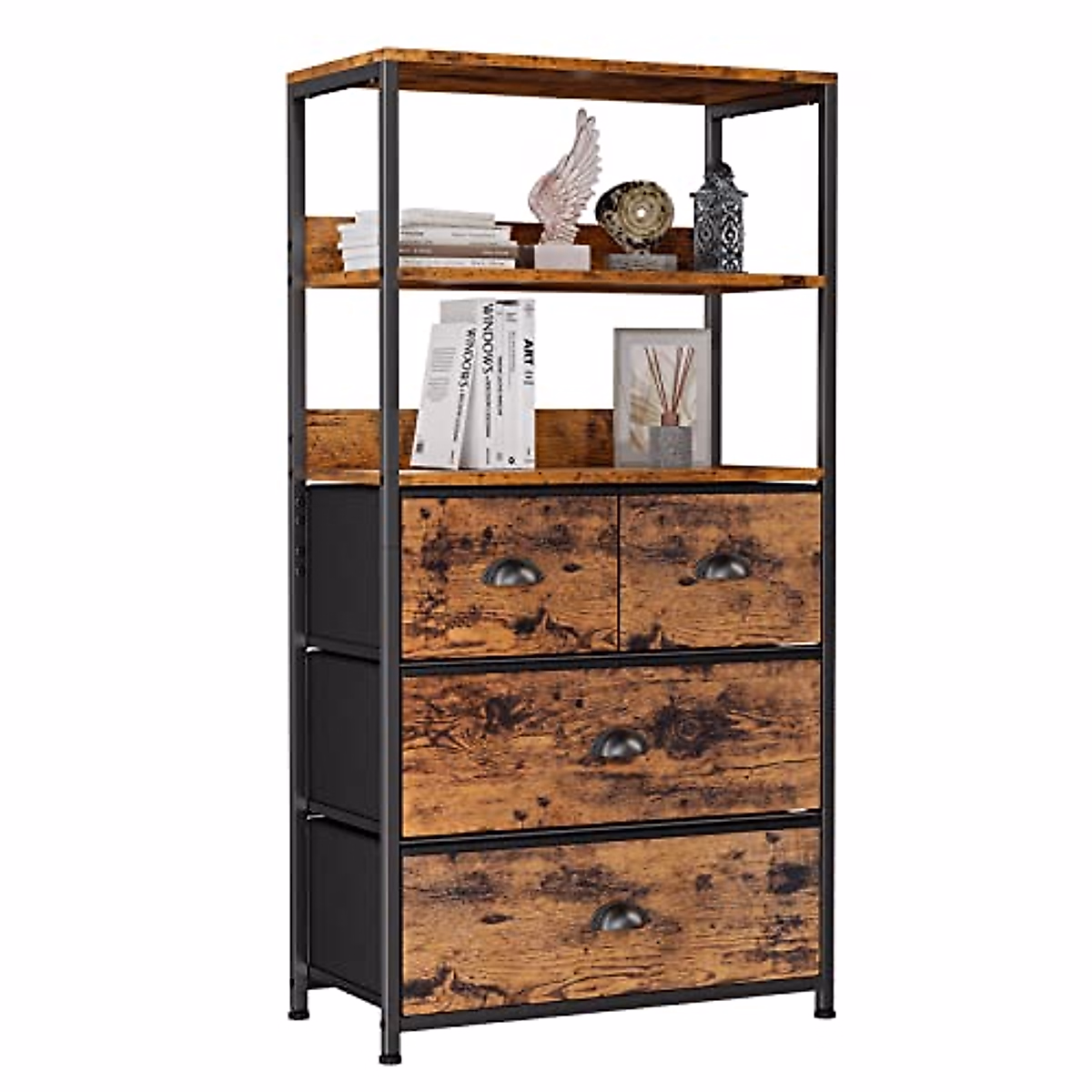 Furologee Vertical 4 Drawer Dresser Organizer with 3-Tiers Wood Shelf,Tall Fabric Storage Tower Unit, Sturdy Metal Frame Furniture,Removable Brown Fabric Bins for Bedroom,entryway,Office
