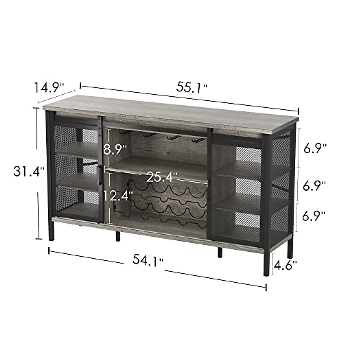 QNICE Industrial Wine Bar Cabinet / 55" Sliding Barn Door Coffee Bar Cabinet/Farmhouse Bar Cabinet with Wine Rack/Dark Rustic Oak/Easy Assembly