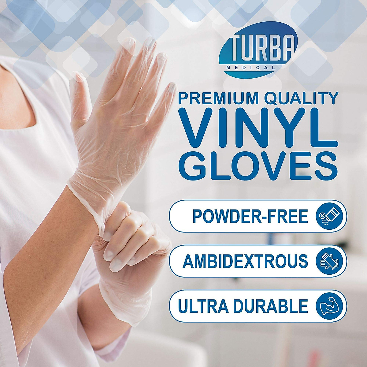 Disposable Vinyl Gloves, 100 Size Large Non Sterile, Powder Free, Latex Free - Examination Gloves, Cleaning Supplies, Kitchen and Food Safe - Ambidextrous - by Turba