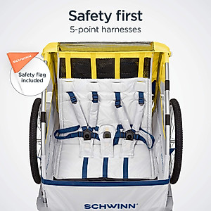 Schwinn Echo Child Bike Trailer, Max of 2 Children with Total Weight of 80 lbs., Canopy, 20-Inch Air-Filled Tires, Yellow/Grey