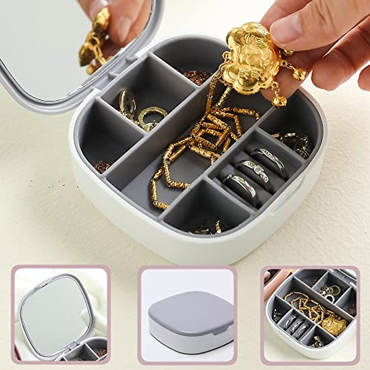 HoazHoald Small Travel Jewelry Case Mini Travel Jewelry Organizer Portal Travel Jewelry Box Travel Jewelry Storage Small Earring Ring Necklace Case Organizer Box for Women Kids with Mirror (White)