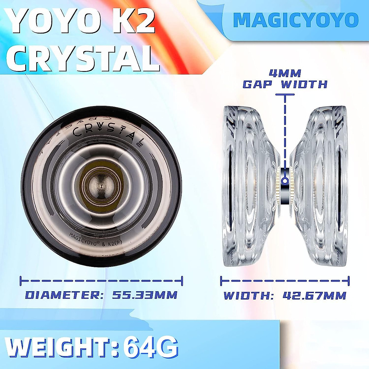 MAGICYOYO 2 Pack of Yoyo K2 Crystal, Responsive Yoyo for Kids Beginner, Dual Function Yoyos with Replacement Unresponsive Yoyo Bearing for Advanced Player+Bearing Removal Tools+12 Yoyo Strings+2 Bags