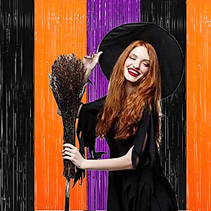 3 Pack Halloween Black Orange Tinsel Foil Fringe Curtain 8x9.84 Ft Backdrop Curtain Black and Orange Streamers for Home Outdoor Halloween Party Photo Booth Props Decorations