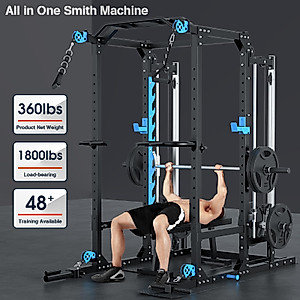 Multifunctional Power Cage Rack with Cable Crossover/Smith Machine System, LAT-Pull Down System,Squat Rack and More Training Attachments for Home Gym