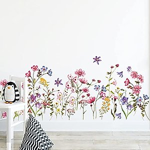 Flowers Vines Wall Decals Colorful Wildflowers Plants Wall Stickers Removable DIY Peel and Stick Art Murals for Kids Room Nursery Classroom Bedroom Living Room Bathroom Home Decor