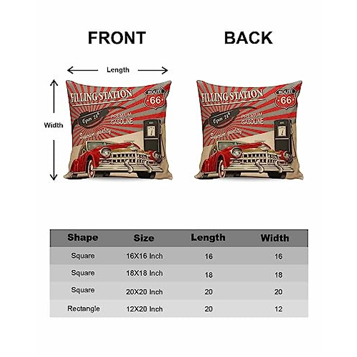 Set of 2 Throw Pillow Covers Square Pillow Case Retro Filling Station Car Posters Cotton Linen Cushion Case Pillowcase for Sofa Couch Bed, Living Room Bedroom Decorative, 18 x 18 Inches