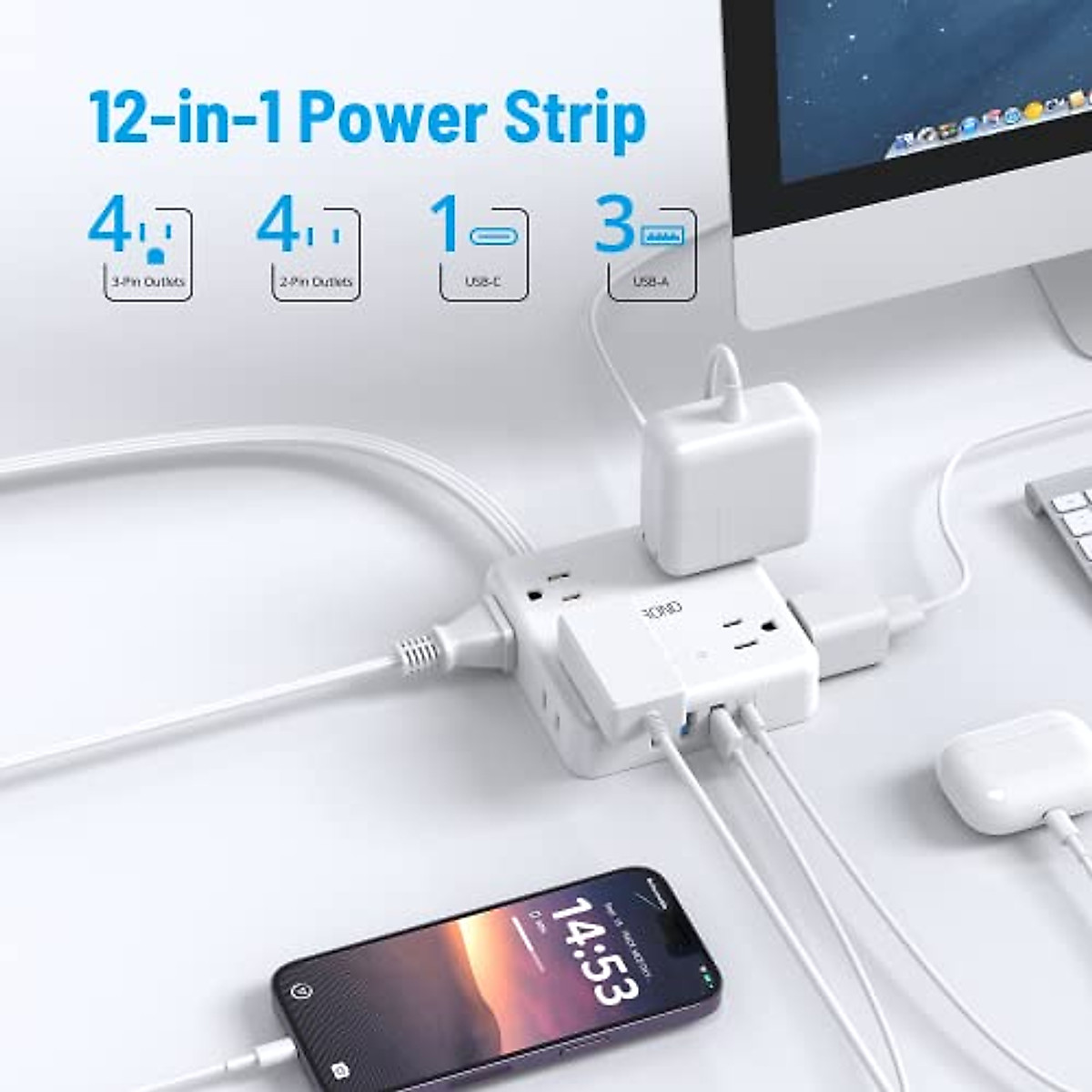 Flat Plug Power Strip - TROND 10FT Thin Flat Extension Cord Surge Protector with 3 USB-A & 1 USB-C Port, Slim Cord with 8 Widely-Spaced Outlets, 1440J, Wall Mount for Home Office Dorm Room, White