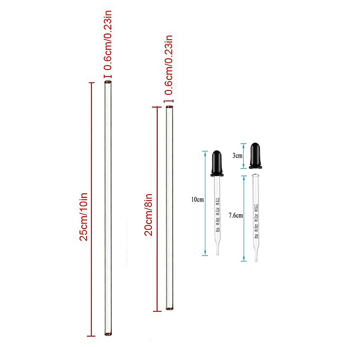 4PCS Glass Stir Sticks Lab Glass Stirring Rod 8"X2 10"X2 with Both Ends Round and 2PCS Glass Graduated Droppers 4"X2 for Science Lab, Kitchen Science Education (6)